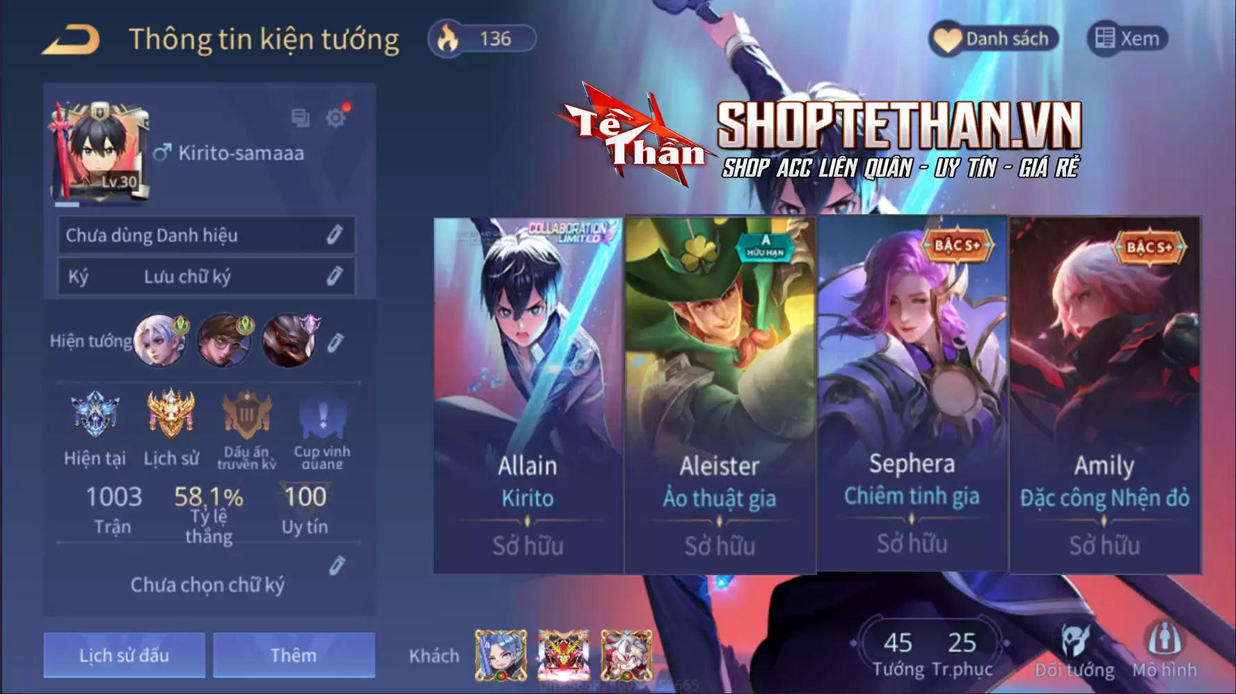 Acc #1638: Allian kirito v2 .... Acc mỗi số, giá 900,000 đ