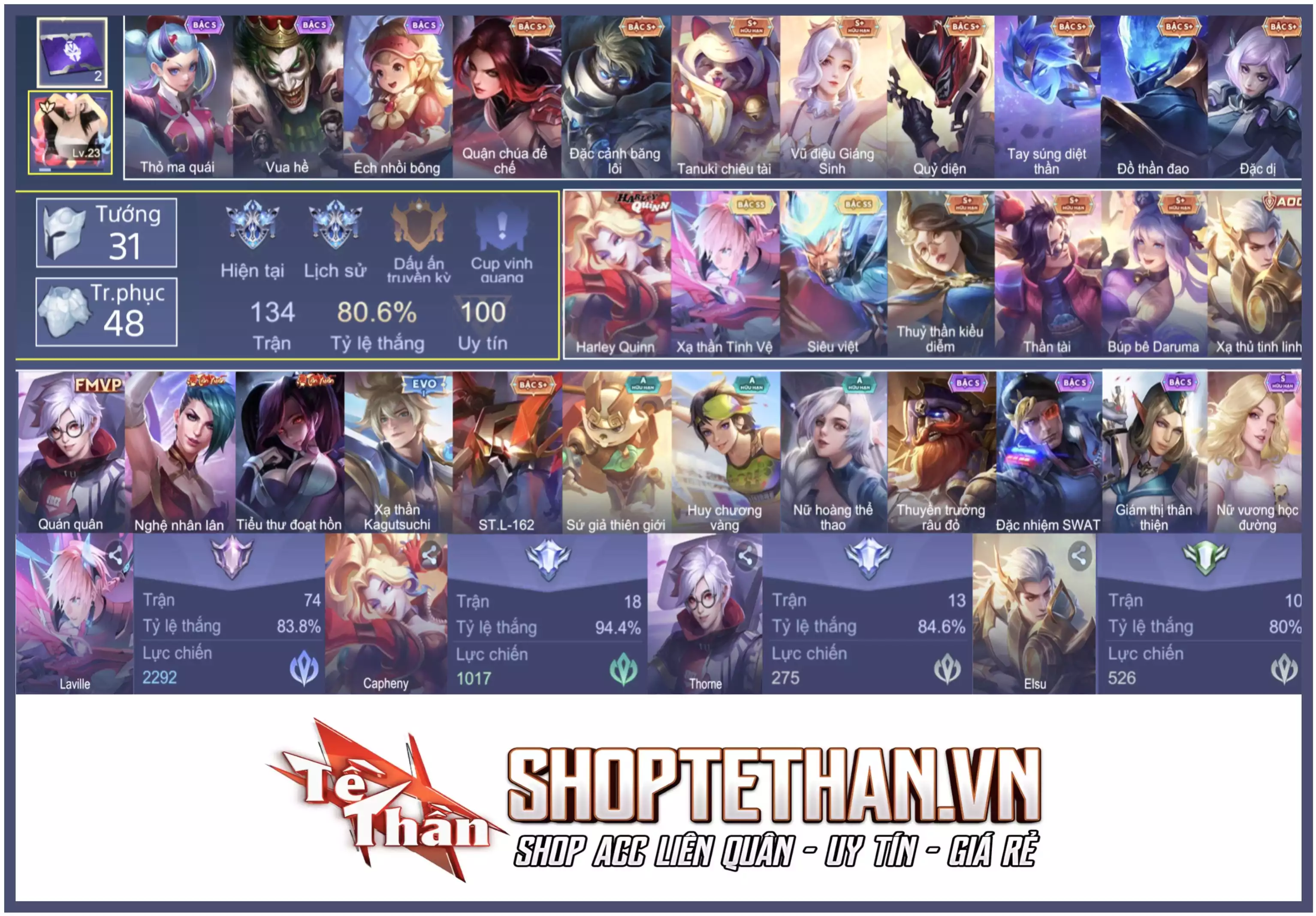 Acc #4941: Capheny harley quinn, Lavi tinh vệ, Ngộ siêu việt... mỗi SDT, giá 850,000 đ