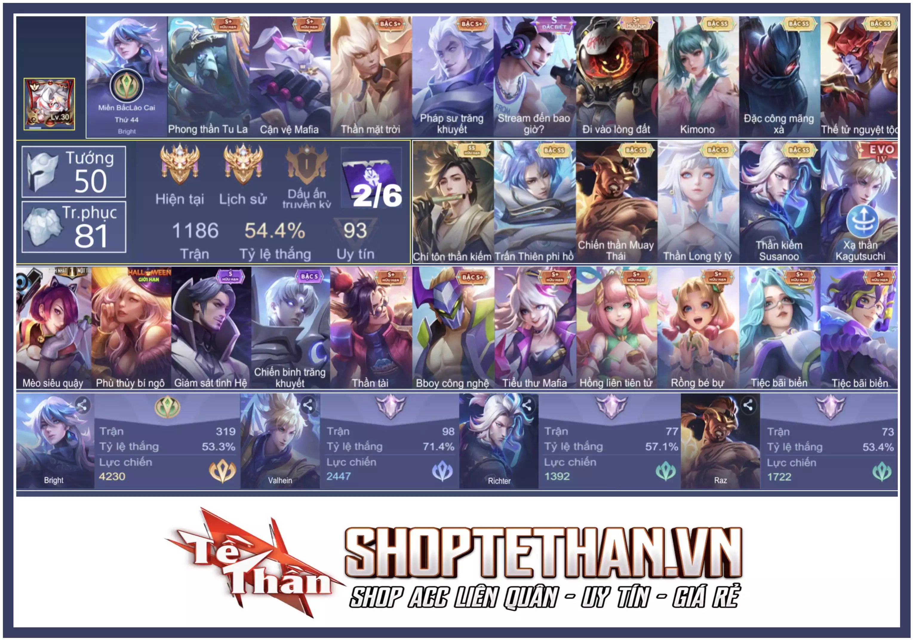 Acc #44467: Valhein EVO 4, Mu chí tôn, Elsu phi hồ, Raz muay thái, Vio ...