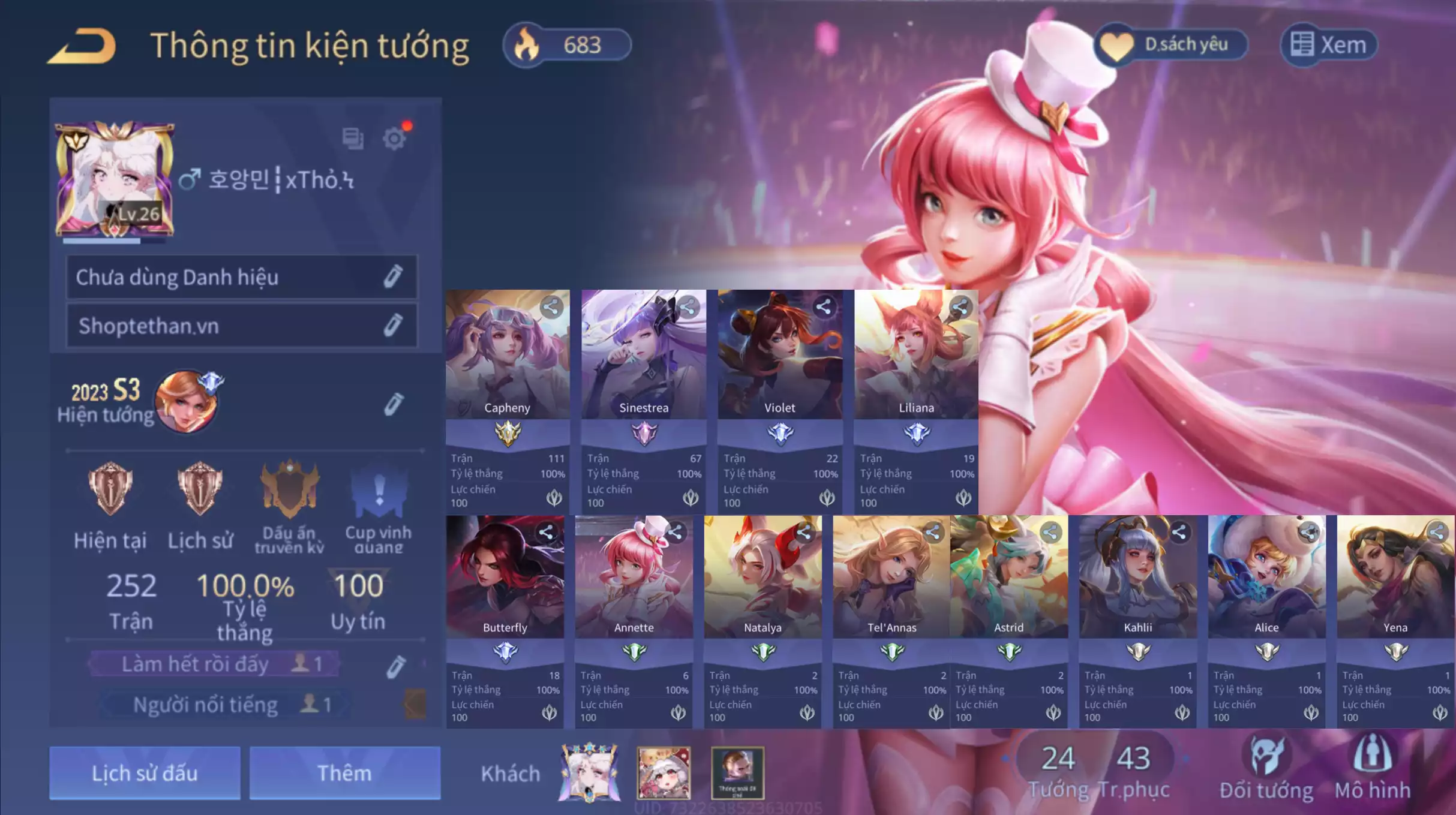 Acc #11740: Liliana tân ngyệt mị ly, Natalya thần phú quý, Annatte thần tượng âm nhạc, Sinestrea ...