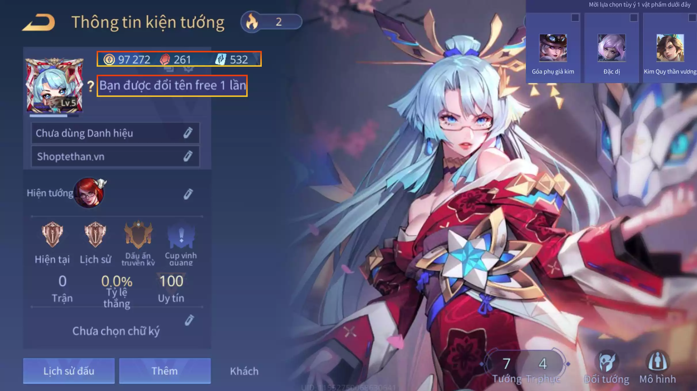 Acc #12048: Veres kimono, sẵn tướng, dư 500 quân huy, trắng thông tin, giá 1,050,000 đ