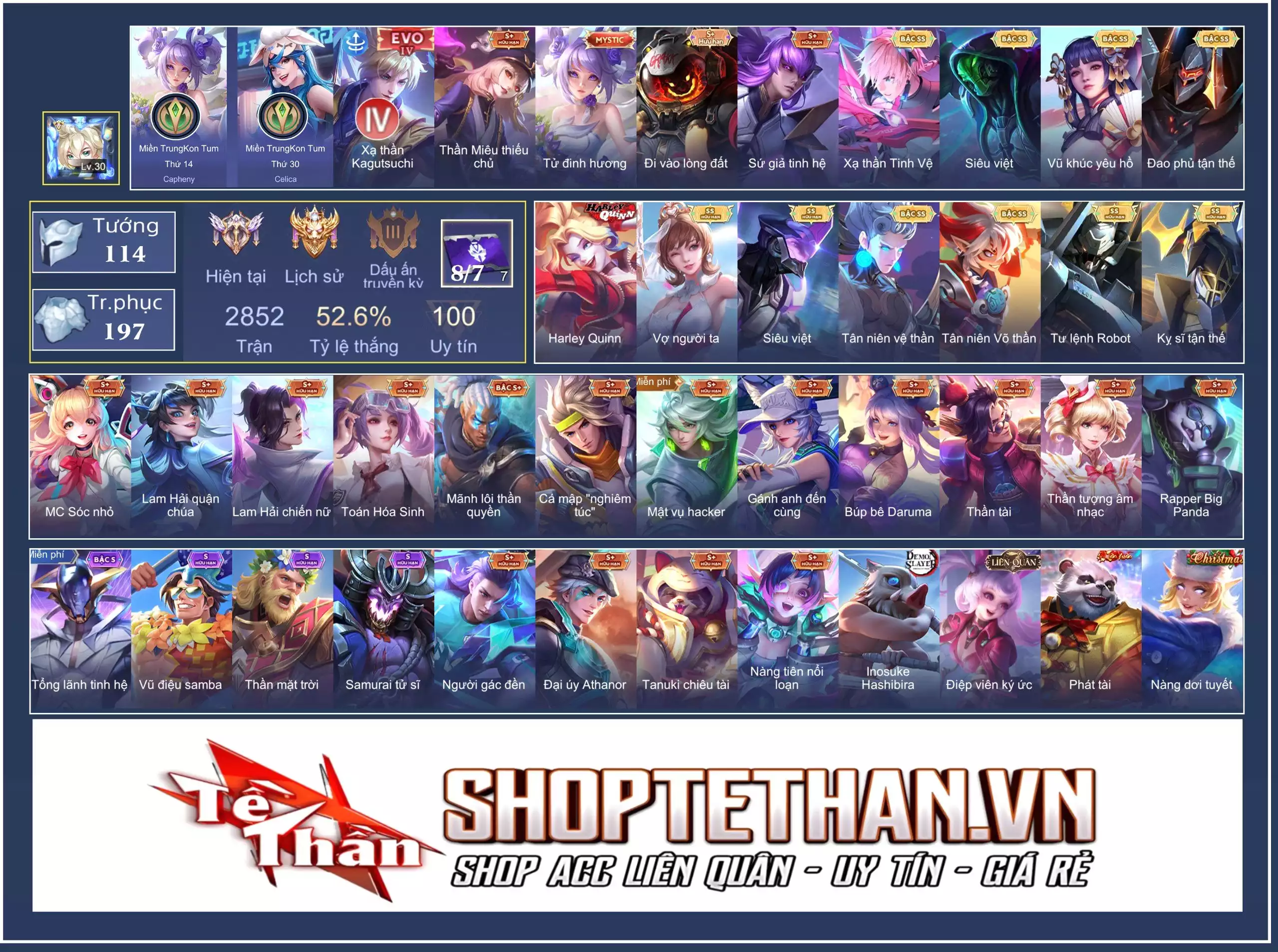 Acc #21218: Capheny harley quinn, violet vợ người ta, lubo robot, Triệu vân kỵ sĩ tận thế ...