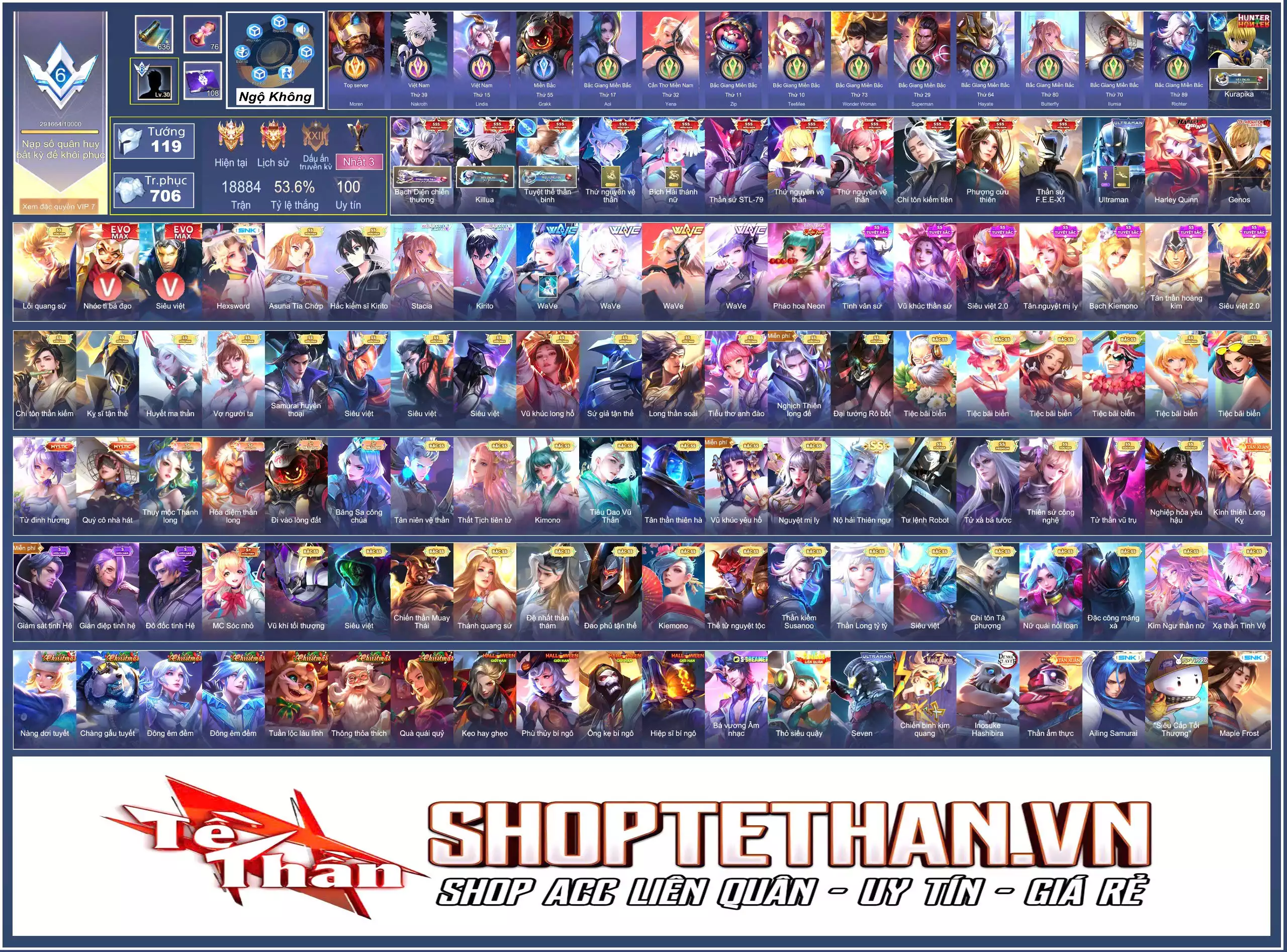 Acc #39322: MÁC THÁCH ĐẤU, CỤC VÀNG : Moren, CỤC TÍM : Nakroth, 11 SSS ...
