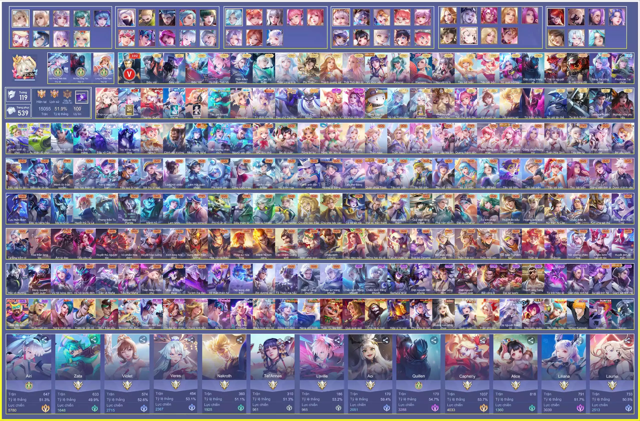 Acc #41740: 5xx skin: Lauriel Thứ Nguyên vệ thần, Airi Bích Hải Thánh Nữ, Capheny Harley Quiin ...