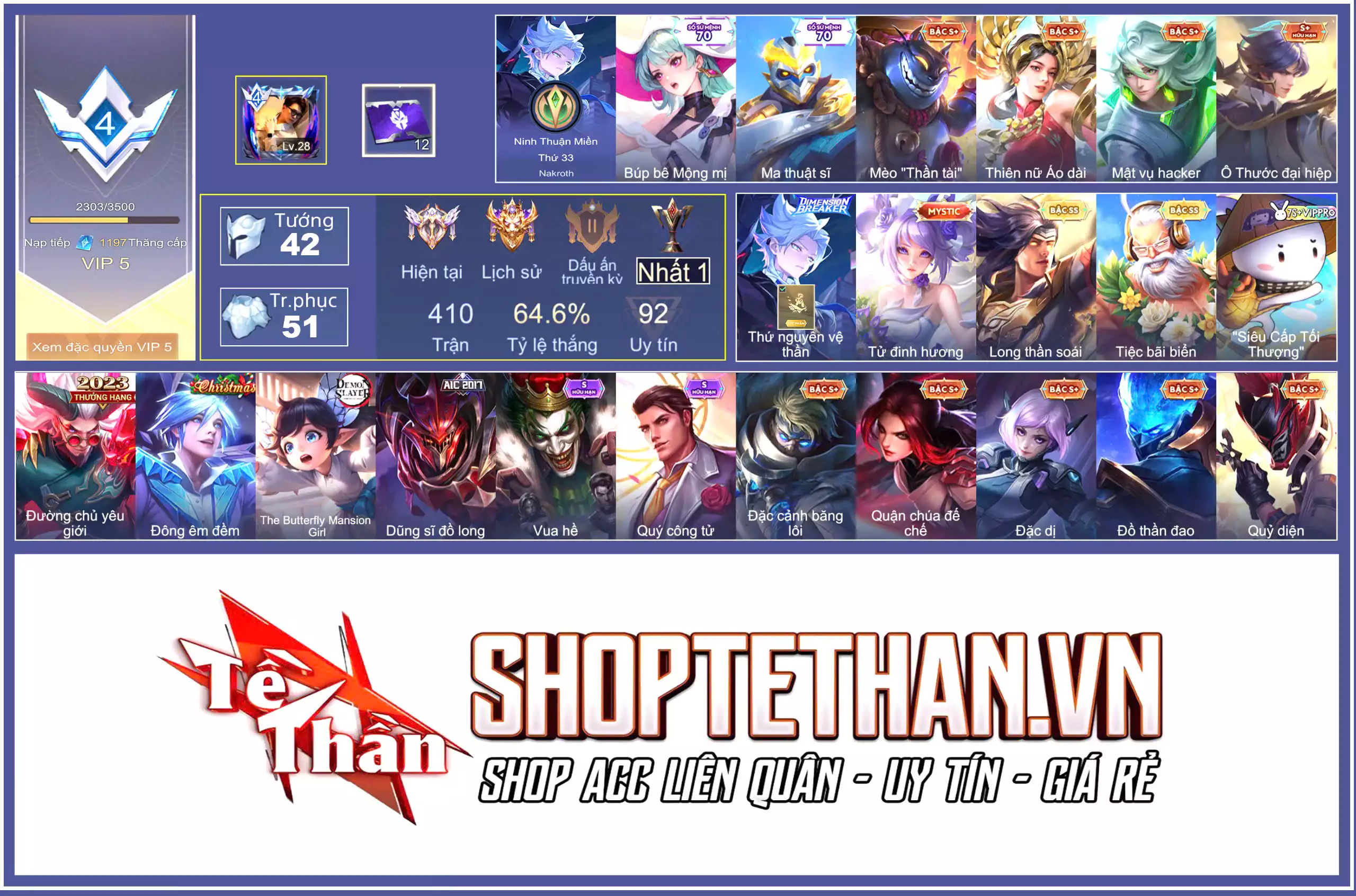 Acc #43274: Nakroth thứ nguyên vệ thần, Gildur Tiệc Bãi Biển, Yorn Long thần soái, Capheny Tử ...