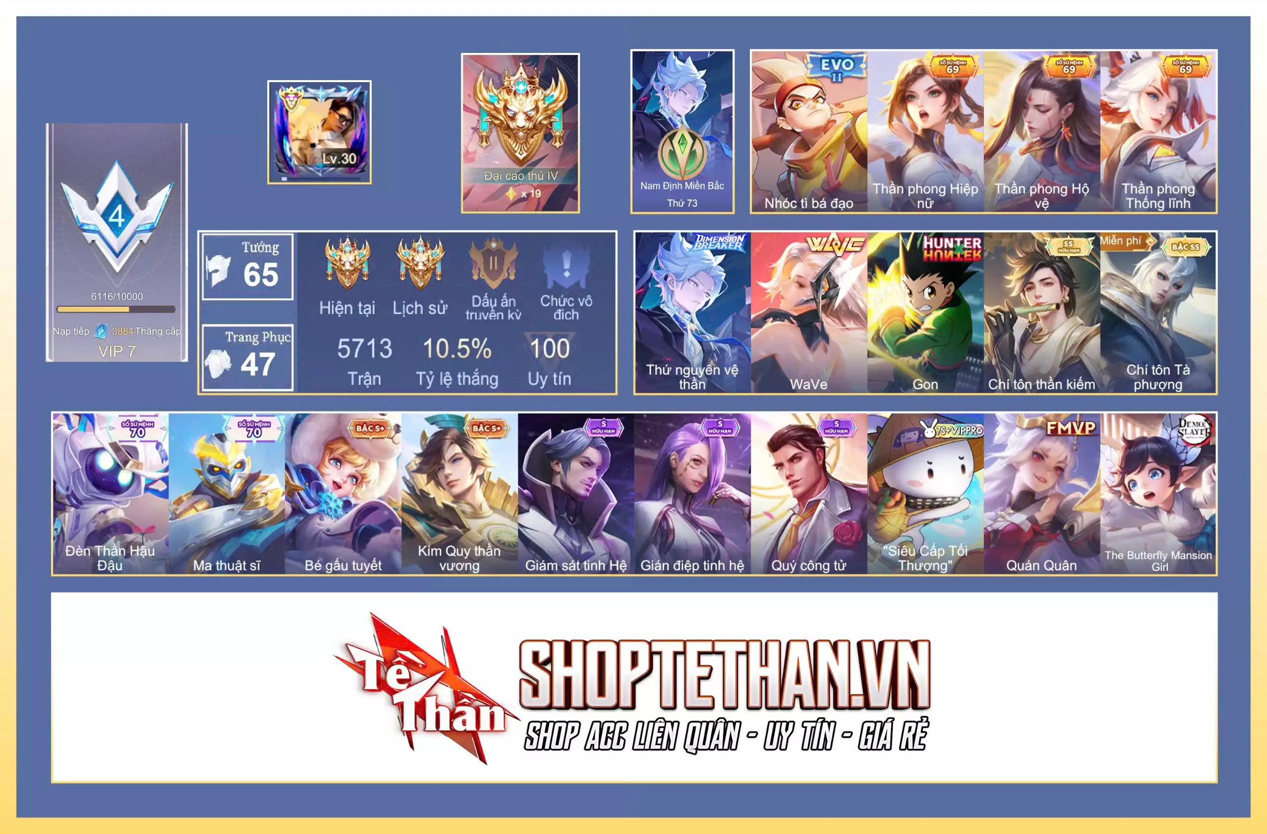 Acc #51965: Nakroth thứ nguyên vệ thần, Murad Chí tôn thần kiếm, Zata Chí tôn Tà Phượng..., giá ...