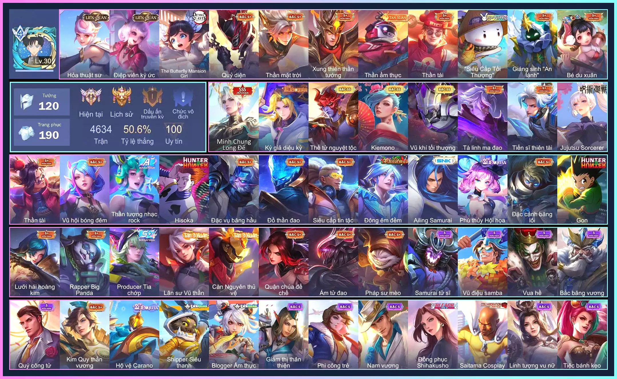 Acc #52272: Triệu vân minh chung long đế,Ari kiemono,Yorn nguyệt tộc…, giá 650,000 đ