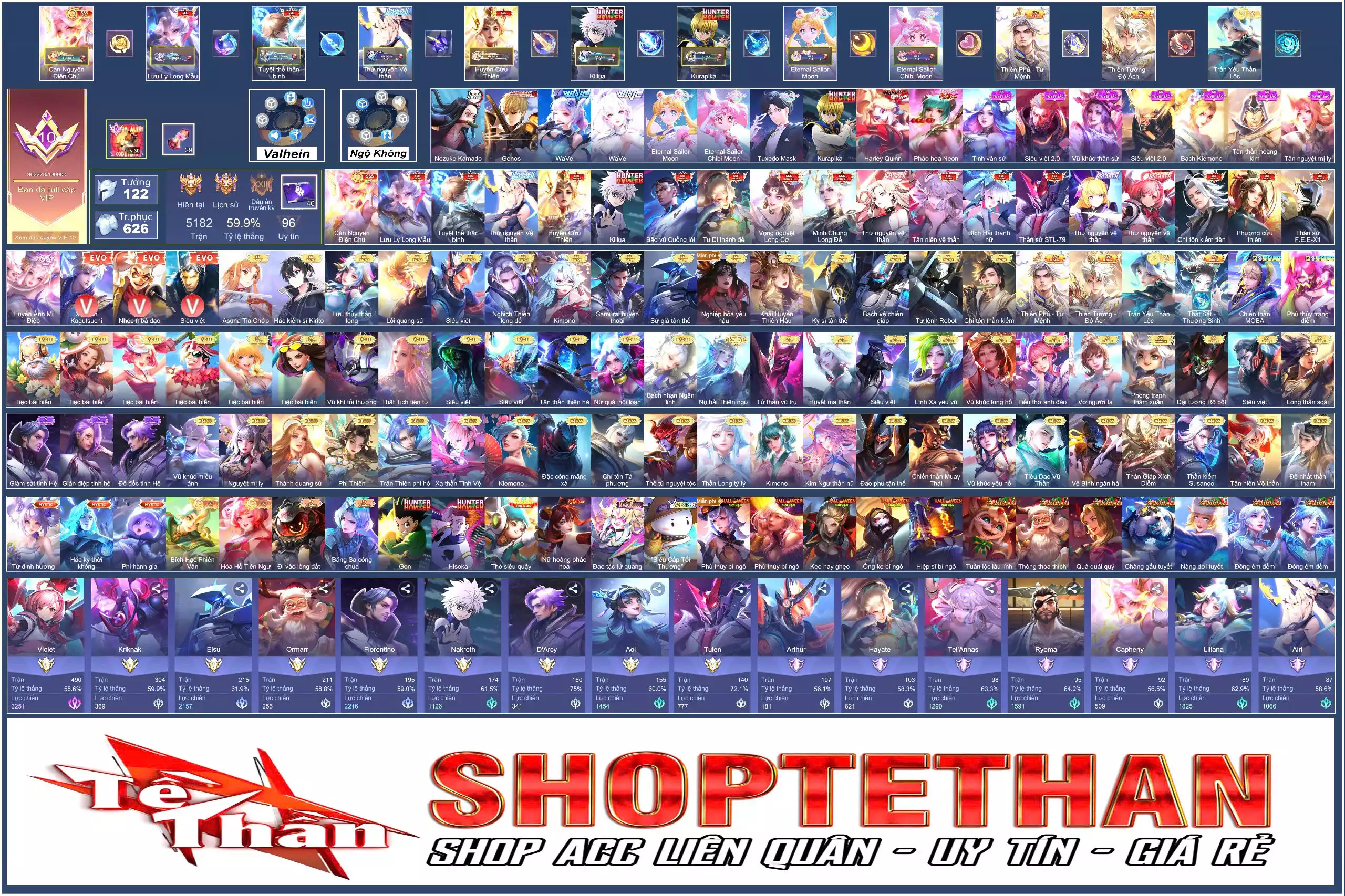 Acc #53170: (VIP 10 - 363K QH) 19 SKIN SSS, NHIỀU ANIME: Nakroth Killua ...